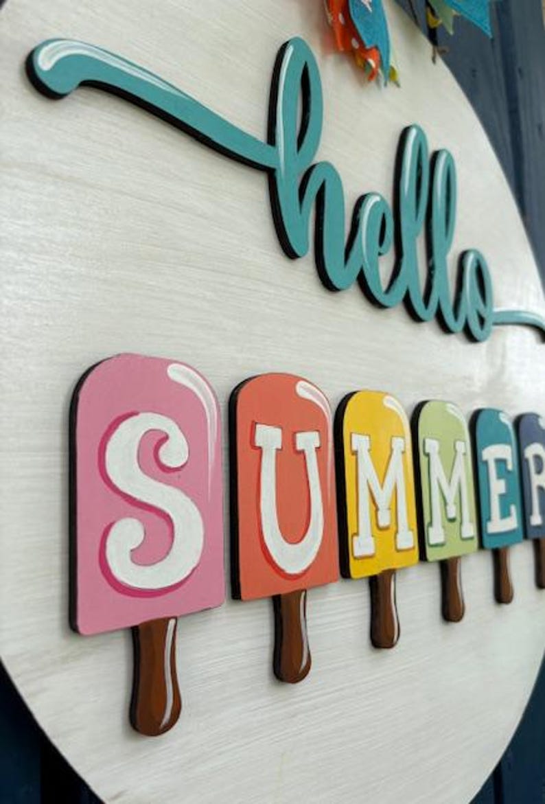 Popsicle Door Hanger | Hello Summer | 18" Round Wooden Sign With Bow ...