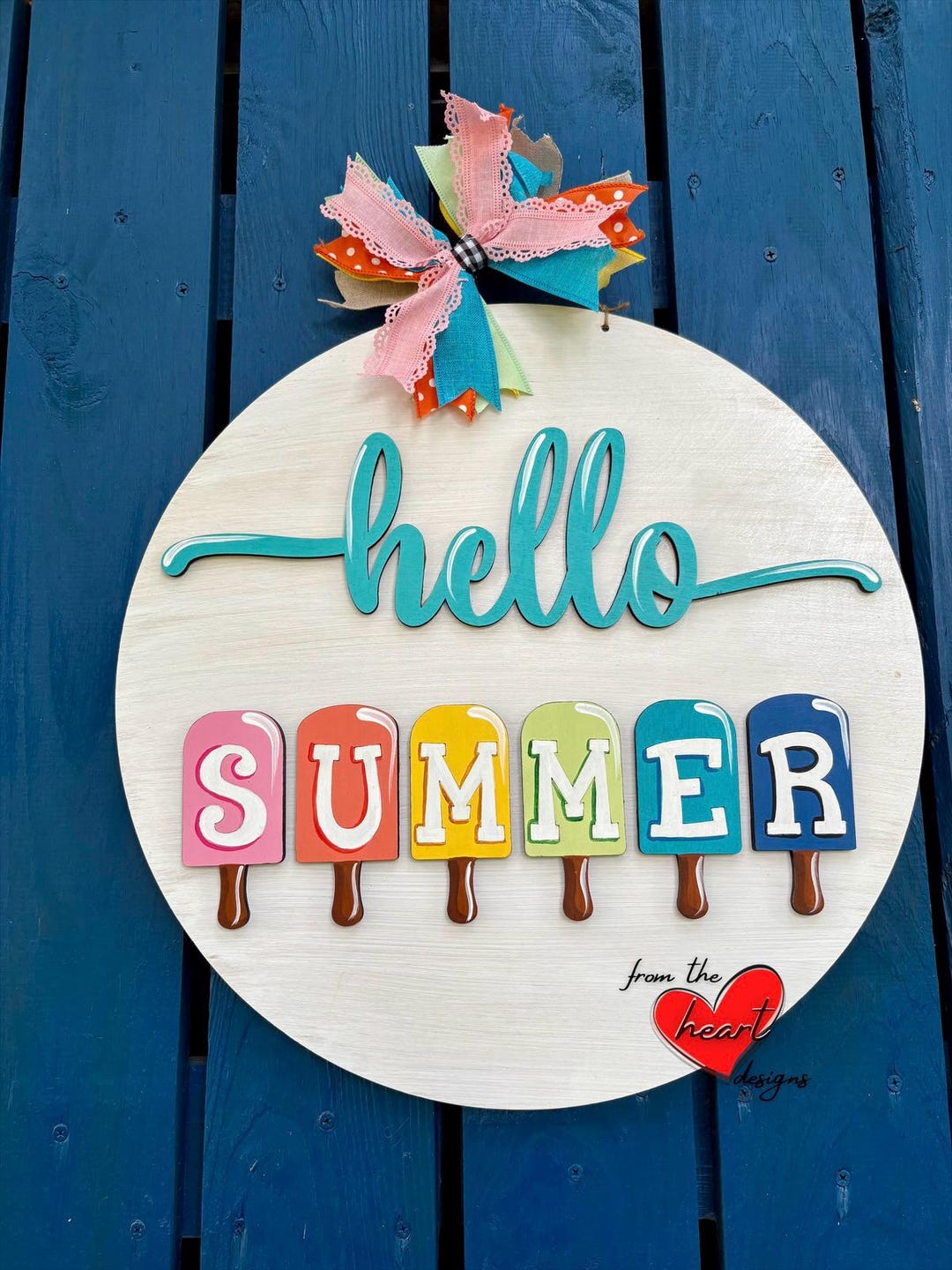 Popsicle Door Hanger | Hello Summer | 18" Round Wooden Sign With Bow ...