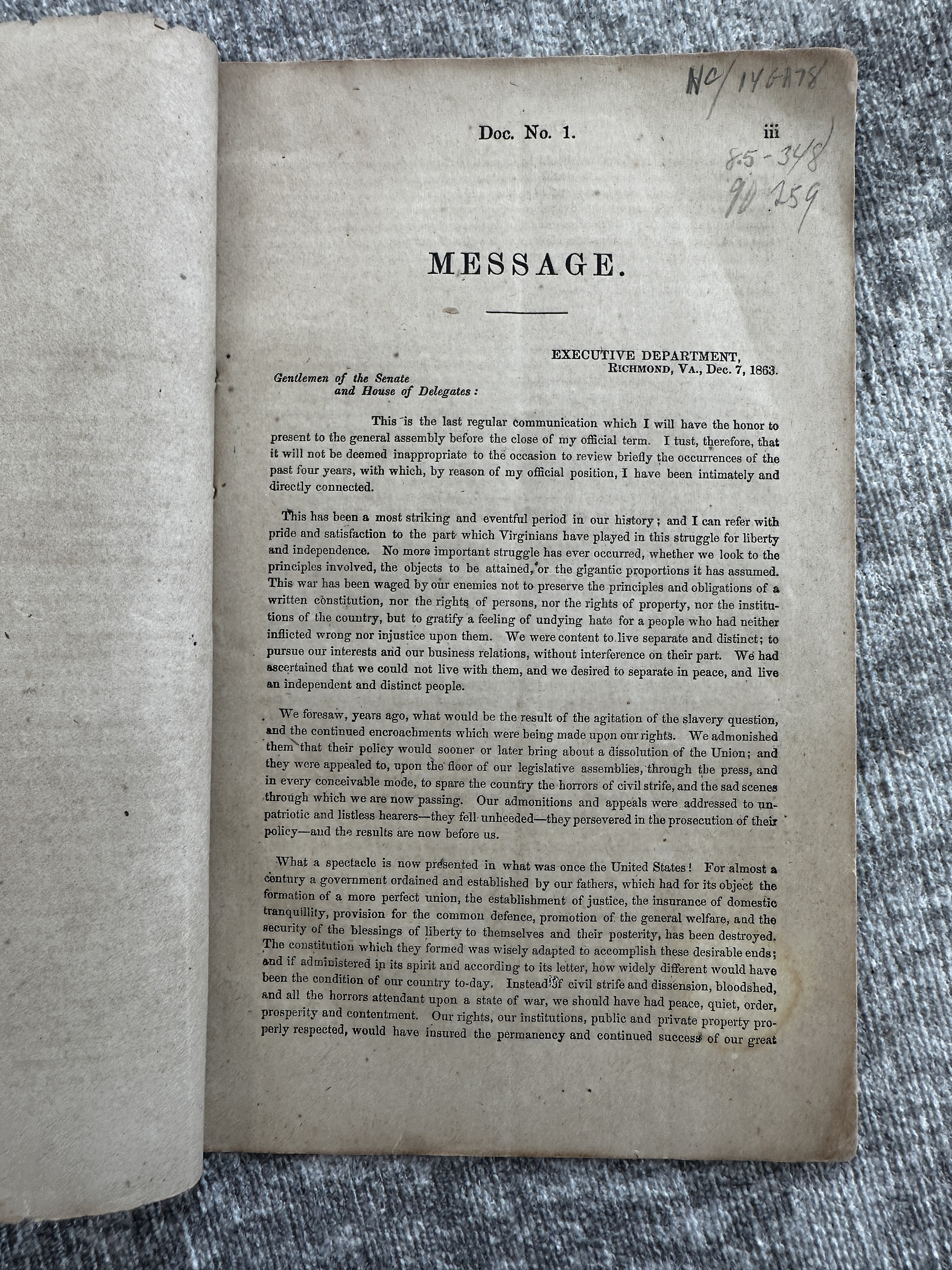 1863 Very Rare CONFEDERATE Imprint Doc. 1 From the Governor of Virginia ...