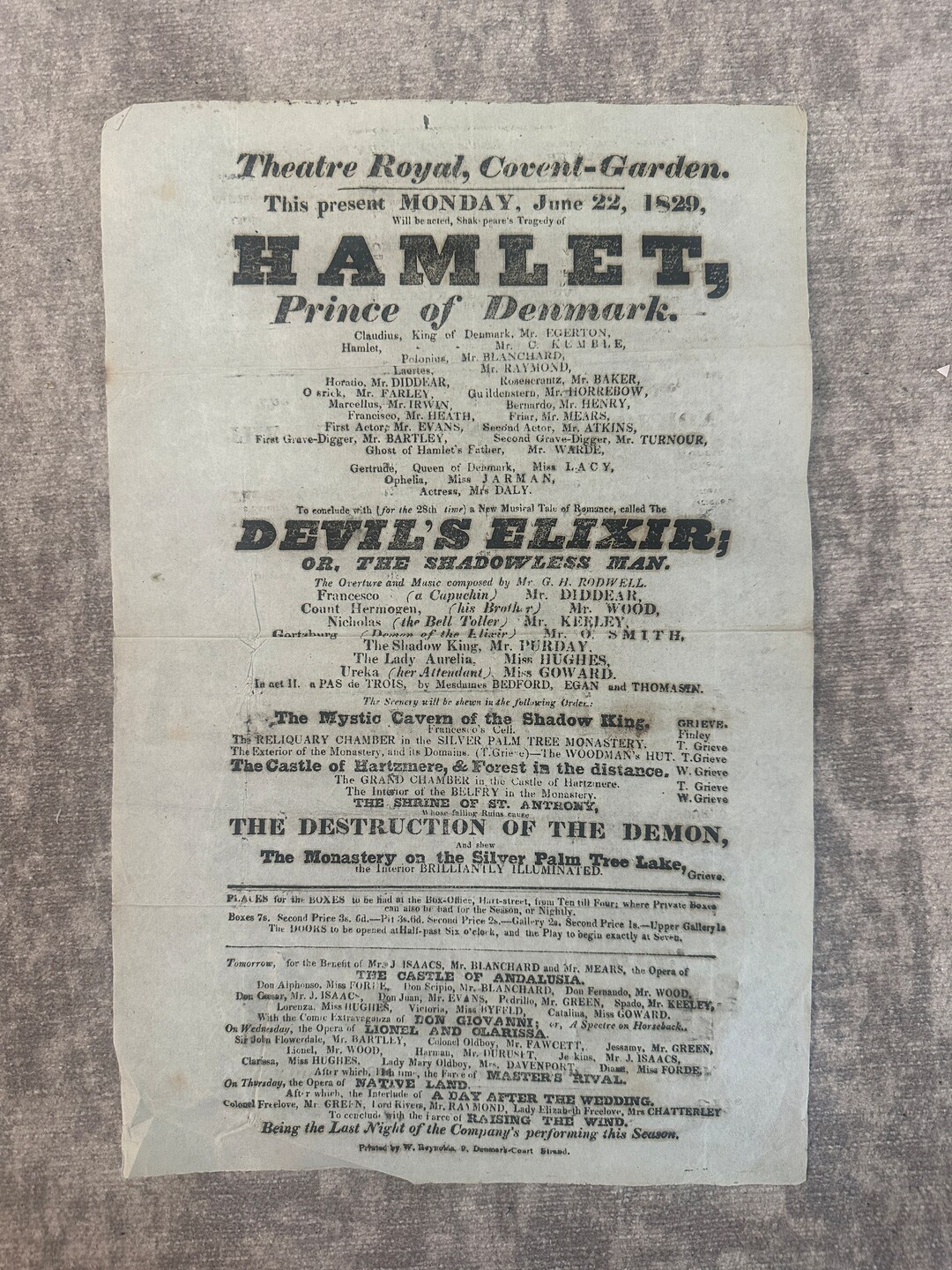 Original 1829 Playbill for Hamlet and a Gothic Play - Shakespeare - Etsy