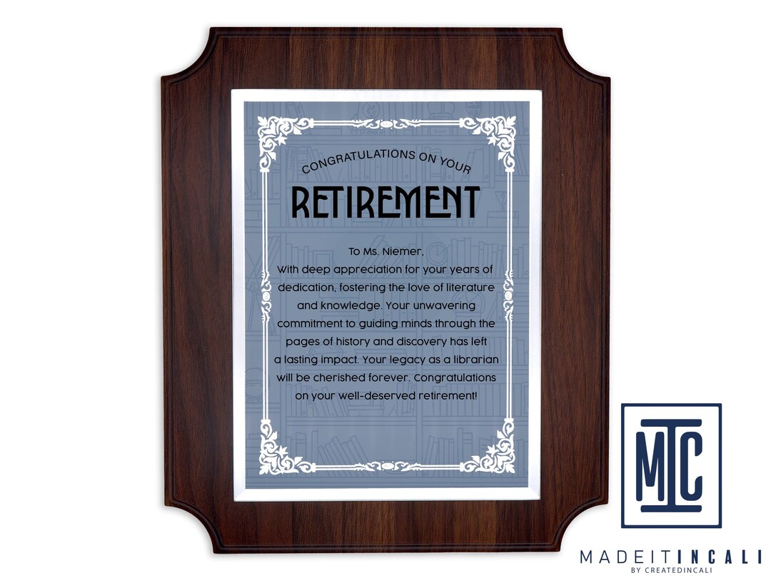 Custom Retirement Plaque, Gift for Librarian, Librarian Retirement Gift ...