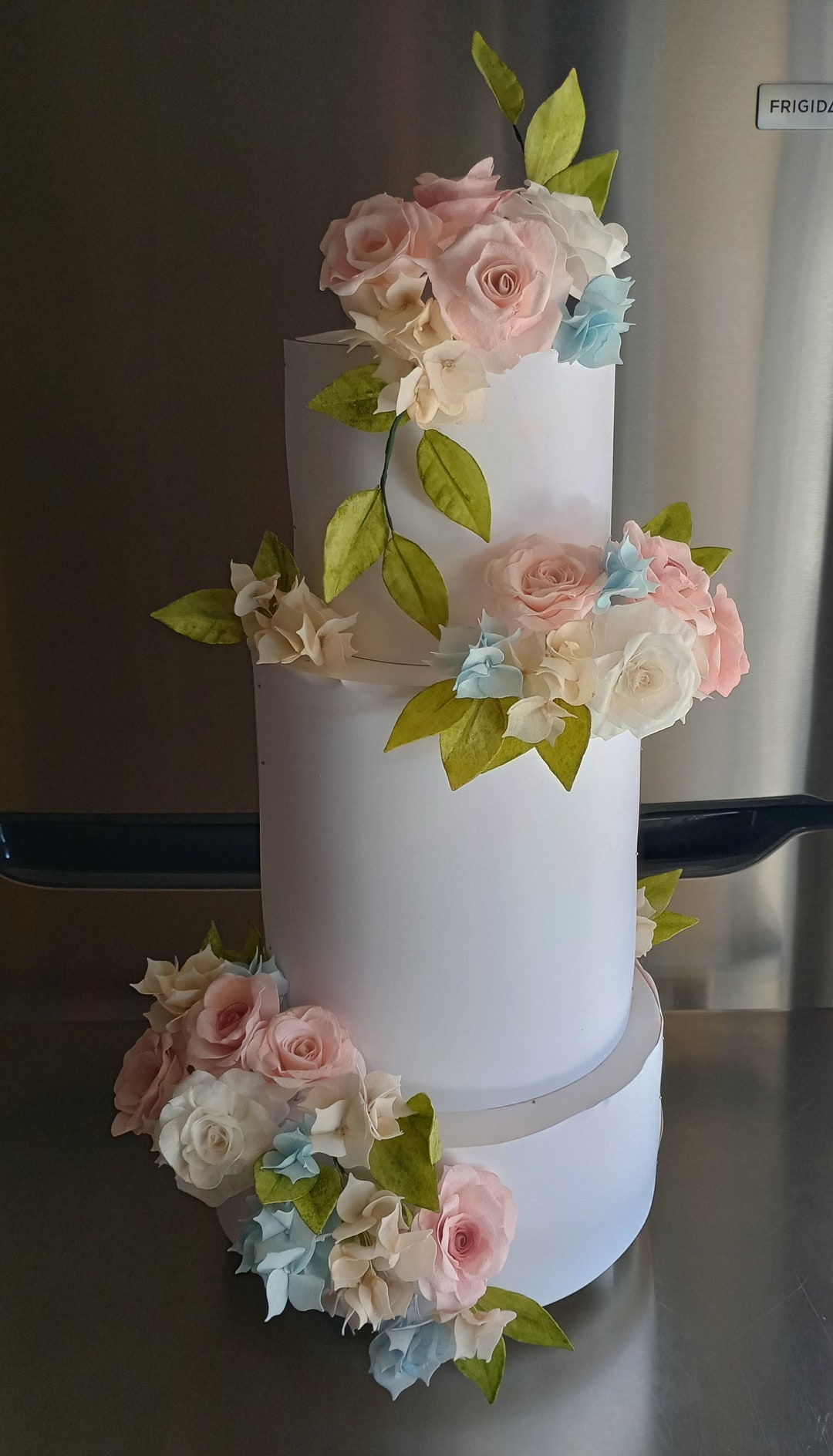 Wafer Paper Floral Cake Design 3 Tier Baby Blue Light Pink Pink Ivory ...