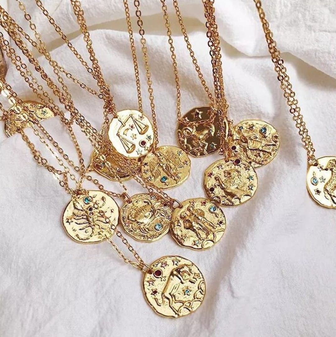 18k Gold Plated Horoscope Pendant Necklace With Semi Precious Stones ...
