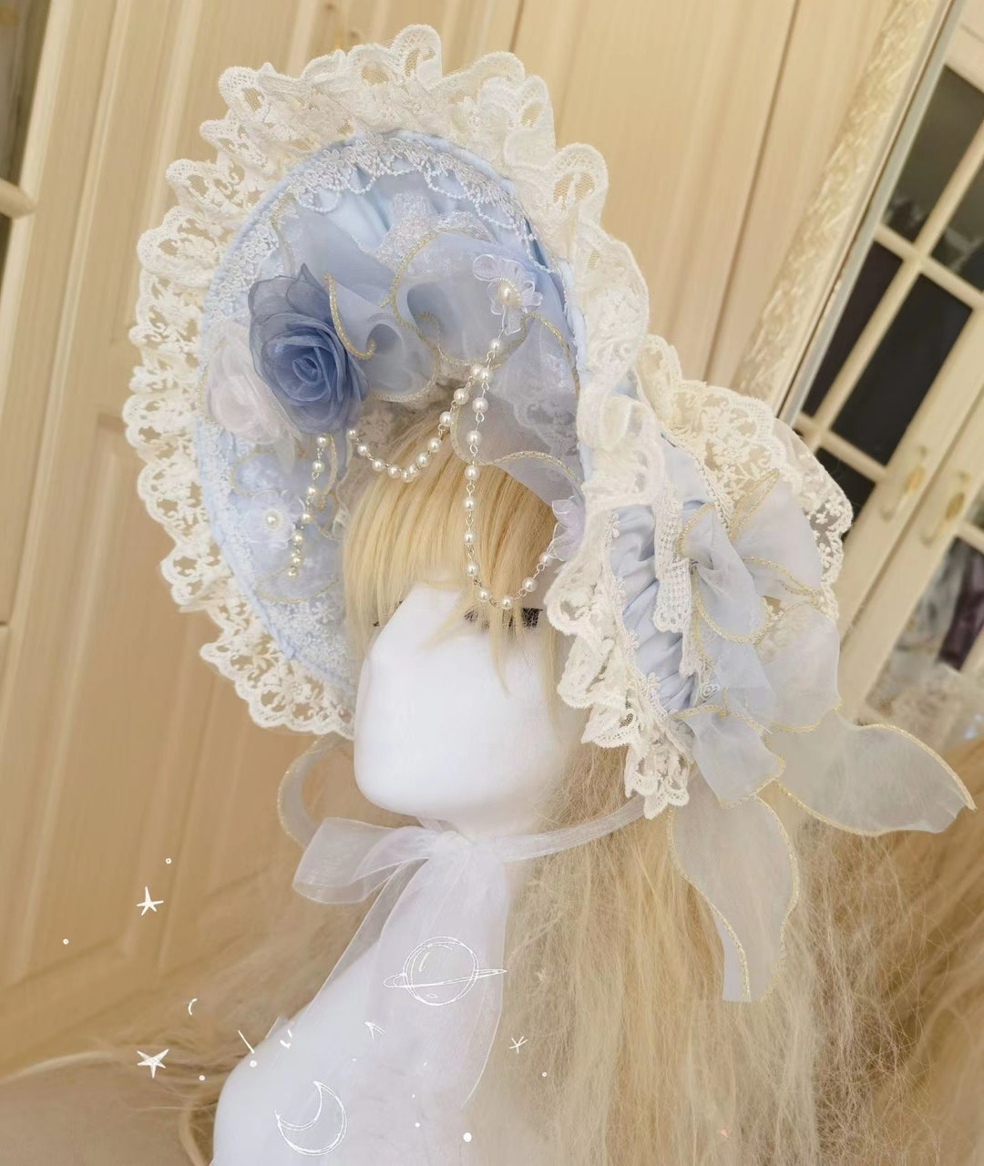 Mermaid's Wish Light Blue Princess Floral Bonnet Hat Cosplay Costume ...