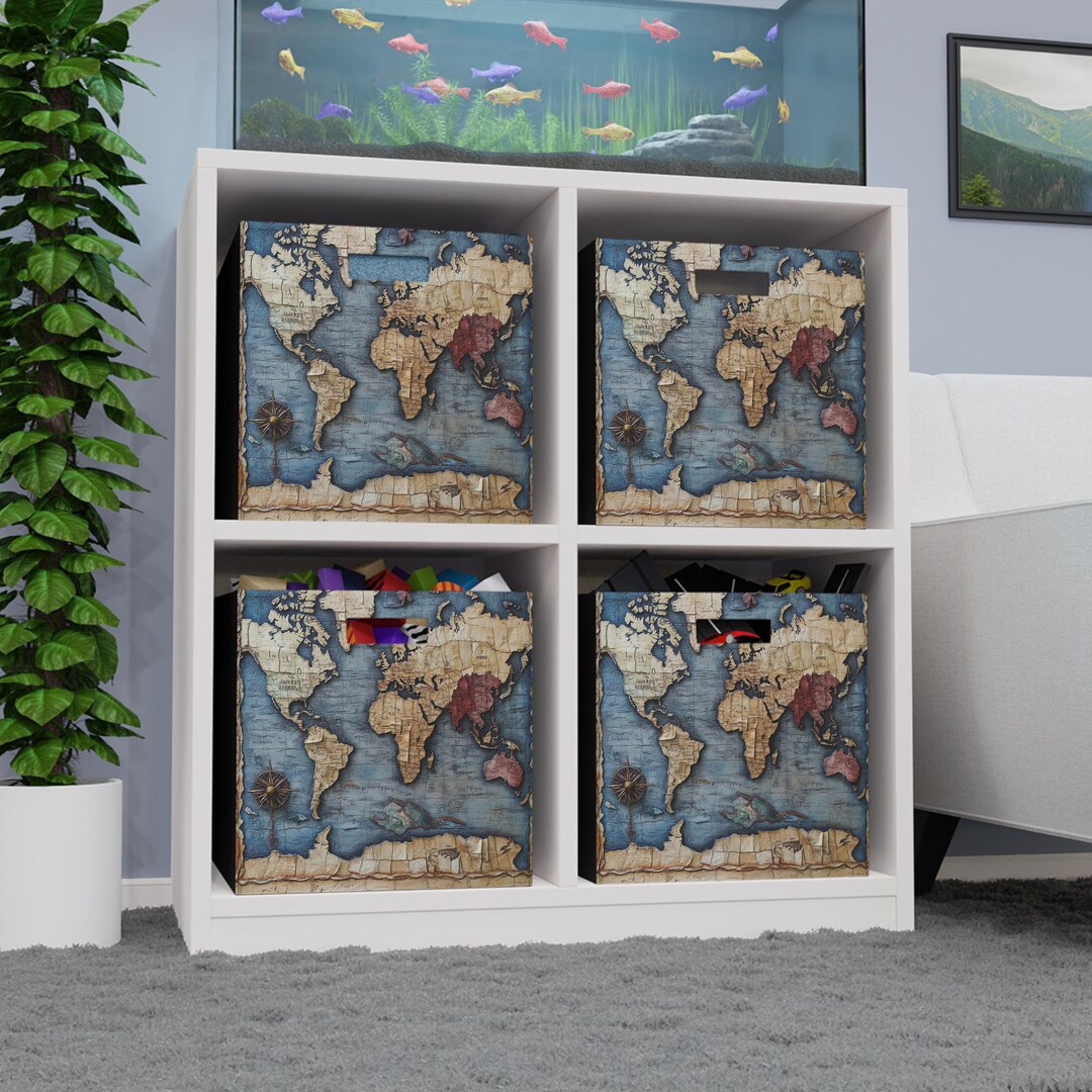 Map Design Felt Storage Box, Traveler Organizer Bin, Explorer Map Box ...