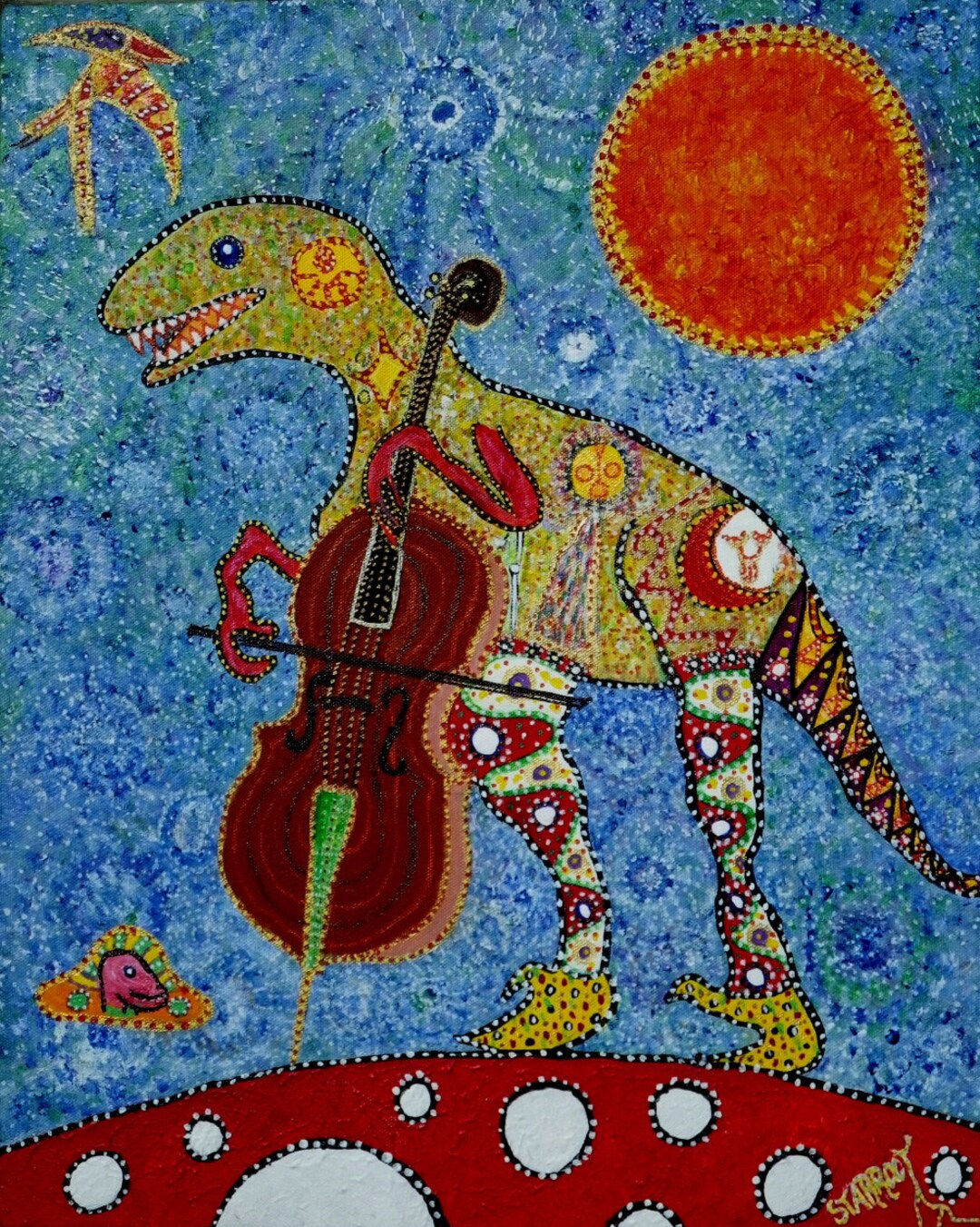 Dino Playing Cello, by Starroot, Folk Art , Giclee Print on Canvas, Signed, 16x20", Wall Art - Etsy