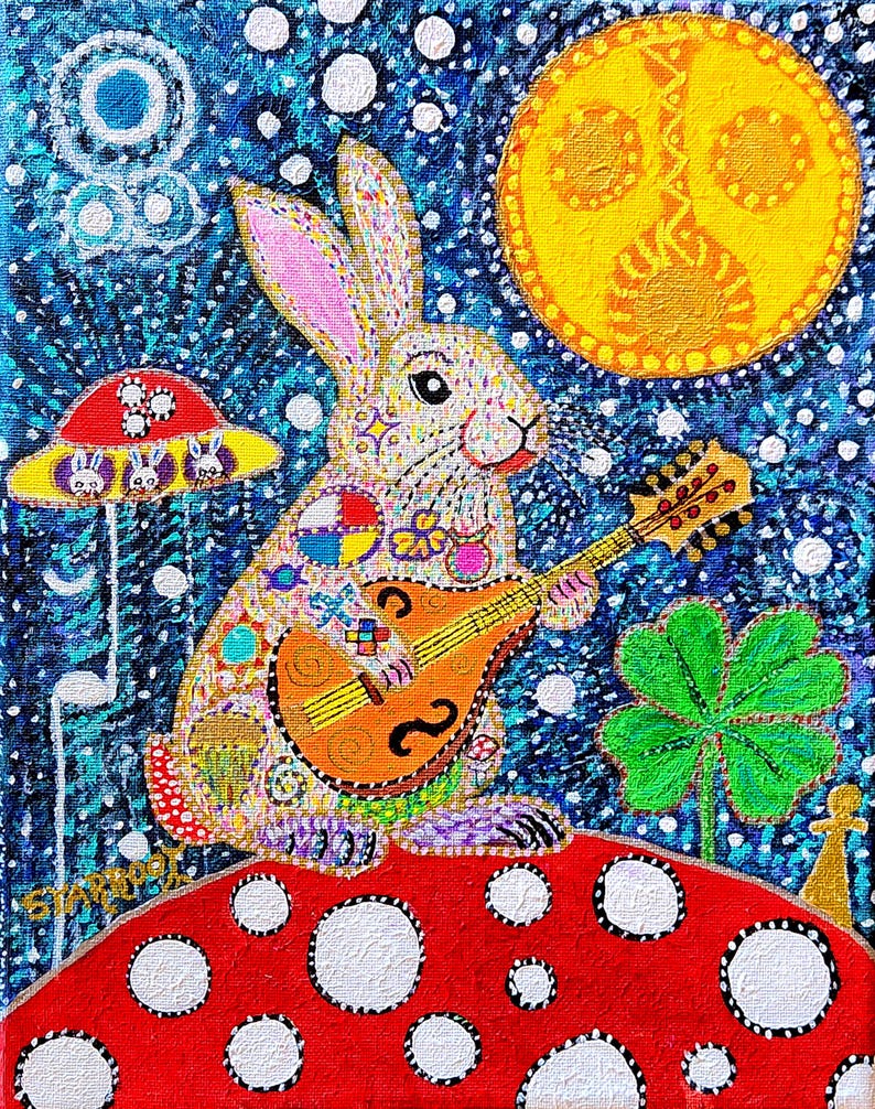 Mandolin Bunny, Rabbit, Good Luck Music 11x14" Signed Giclee Print by ...