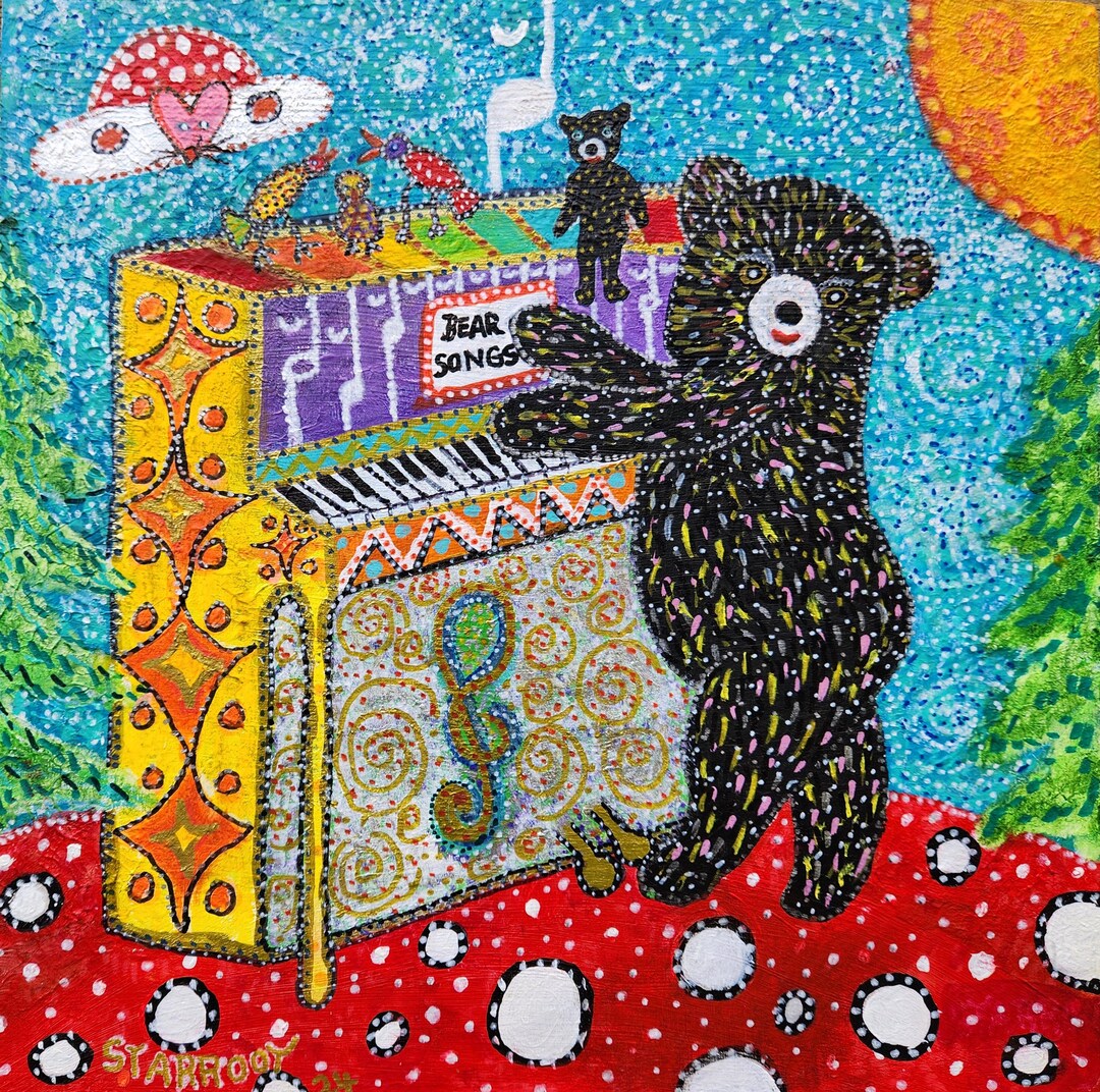 Boogie Bear, Bear Playing Piano, Folk Art, Starroot, Giclee Print 8x8 ...