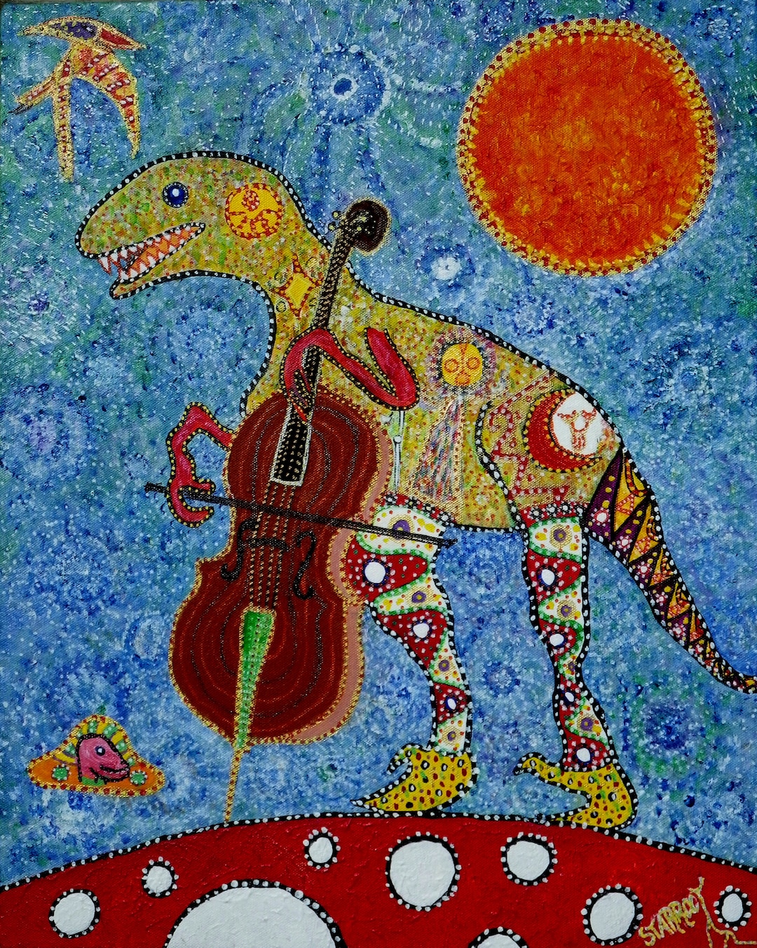 Dinosaur Dino Playing Cello Original Painting 16x20" Folk Art Wall Art ...