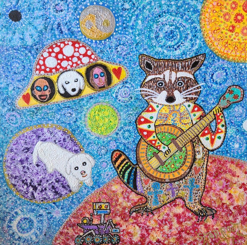 Possum, Banjo, Mars, Music, Folk Art, Visionary Art, Ufo, Signed, 8x8 ...