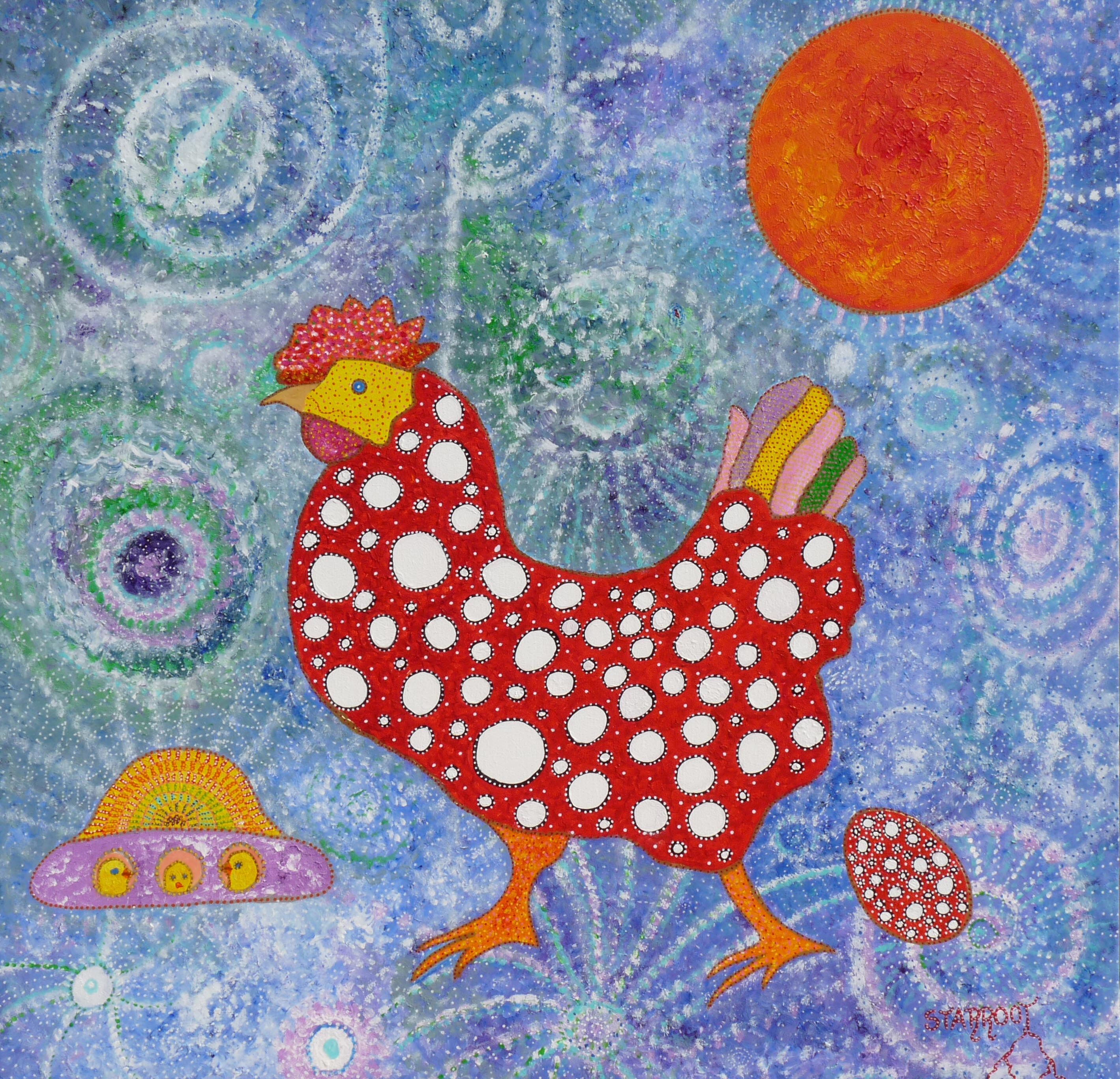 Magic Polka Dot Chicken, Wall Art, Folk Art, 8x8", Space Ship, Ufo ...