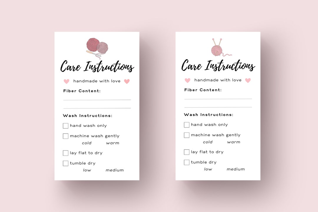 Printable Care Instruction Cards for Handmade Knitting & Crochet Items ...