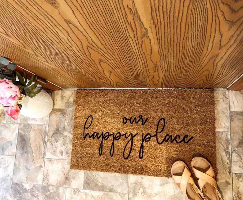 Our Happy Place Welcome Mat Entryway Doormat Housewarming | Etsy
