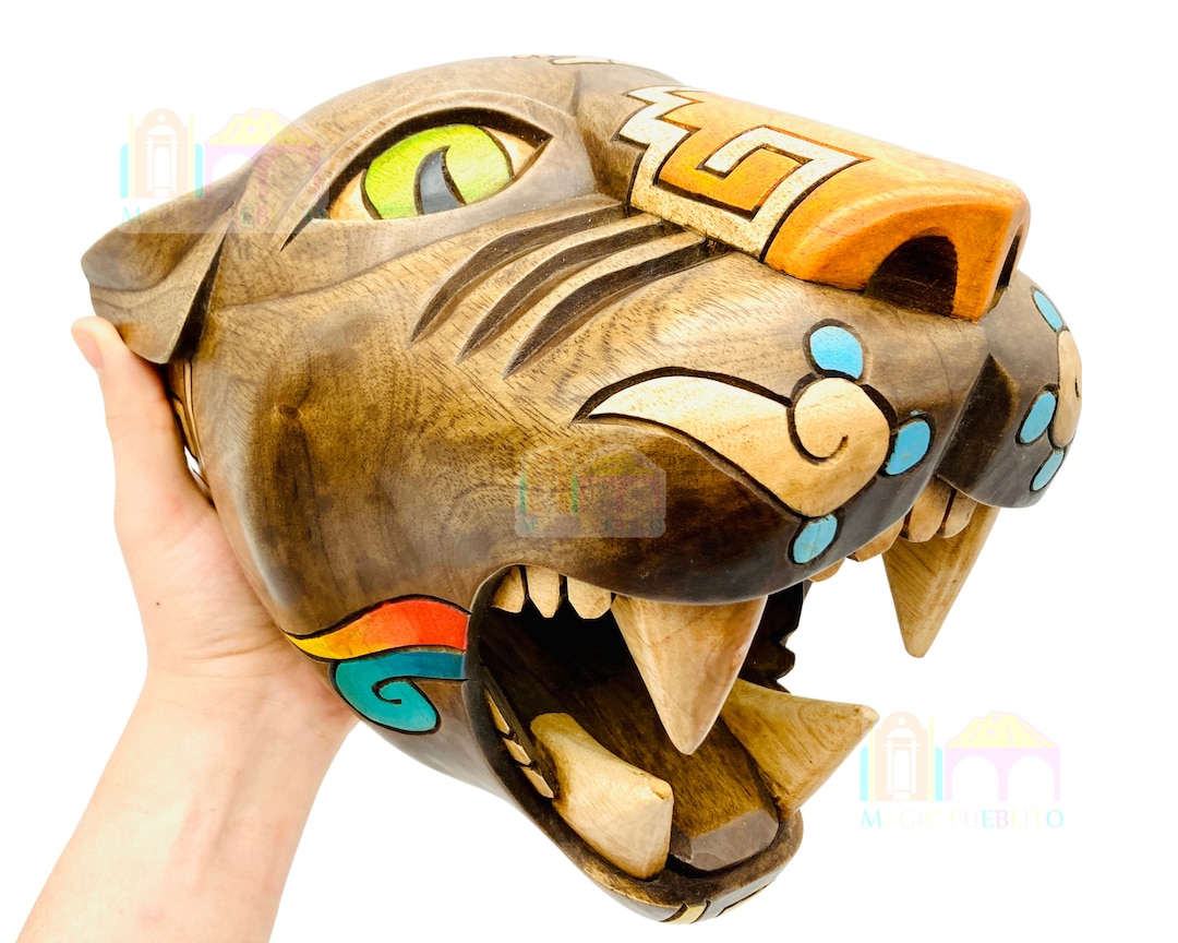 Maya Jaguar With Goddess of Love Symbol, Ixchel Carved Wood Jaguar Head ...