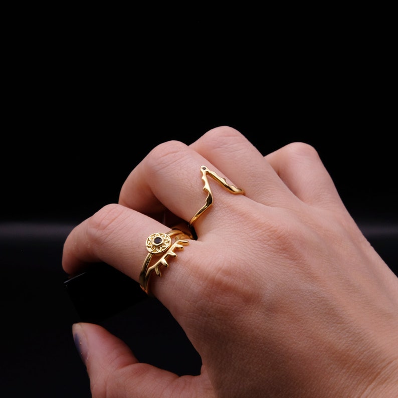 18K Gold Evil Eye Statement Ring 3 Pcs Stackable Ring Adjustable Minimalism Ring Fine Jewelry ...