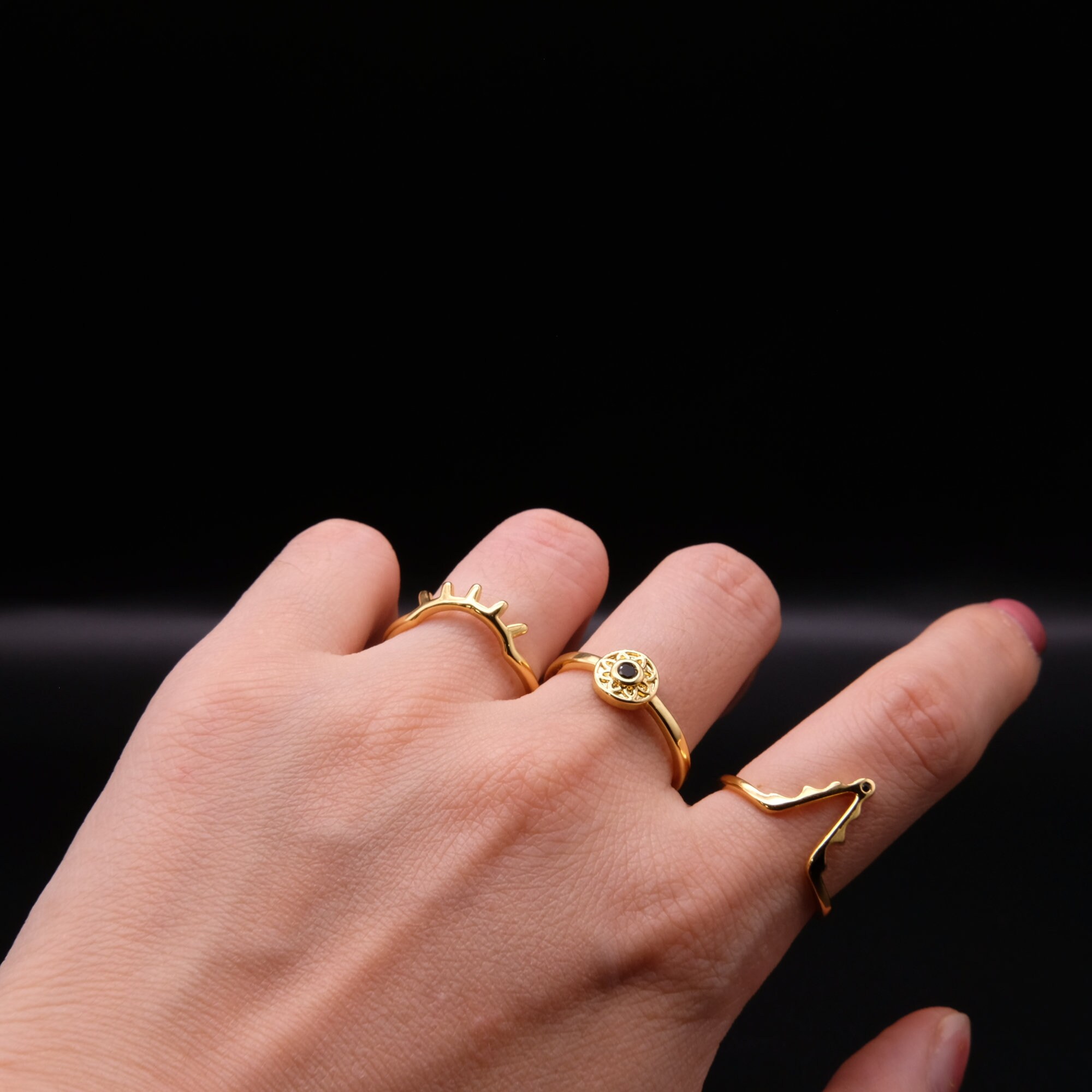 18K Gold Evil Eye Statement Ring 3 Pcs Stackable Ring Adjustable Minimalism Ring Fine Jewelry ...