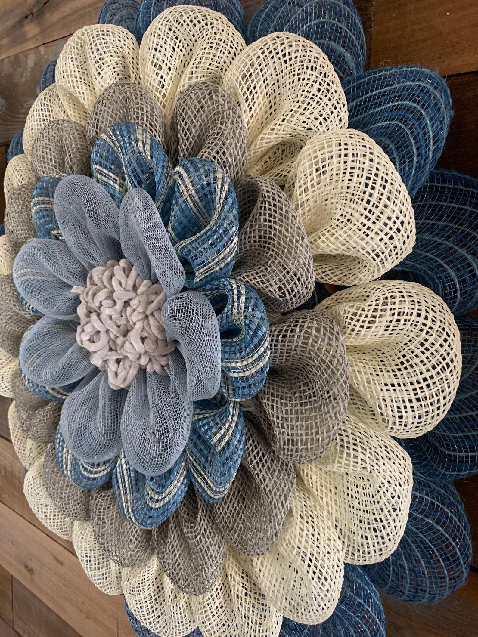 Poly Burlap, Blue Cream and Gray, Flower Wreath, Spring Wreath, Summer ...