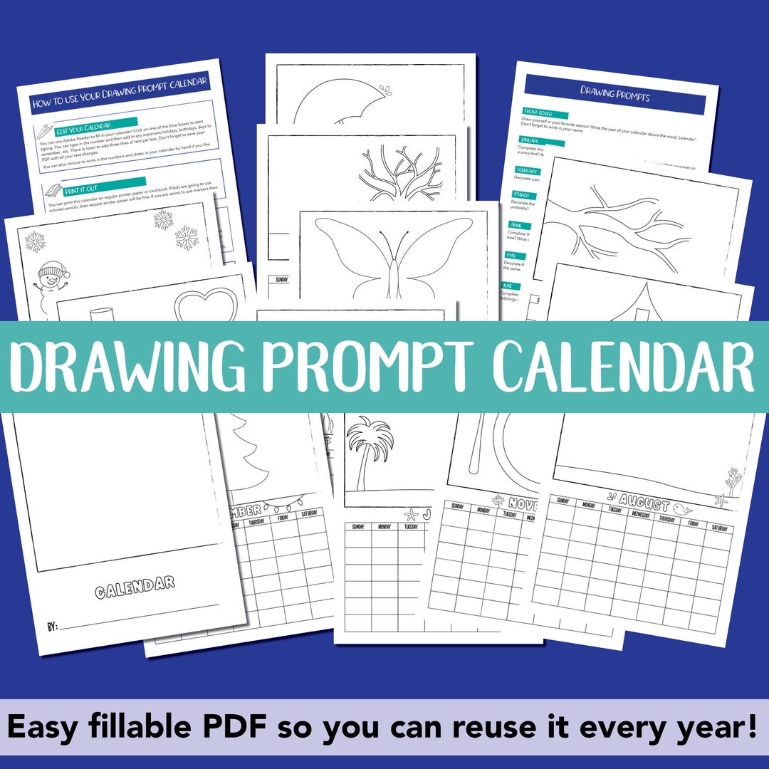 Drawing Prompt Calendar for Kids With Fillable PDF - Etsy