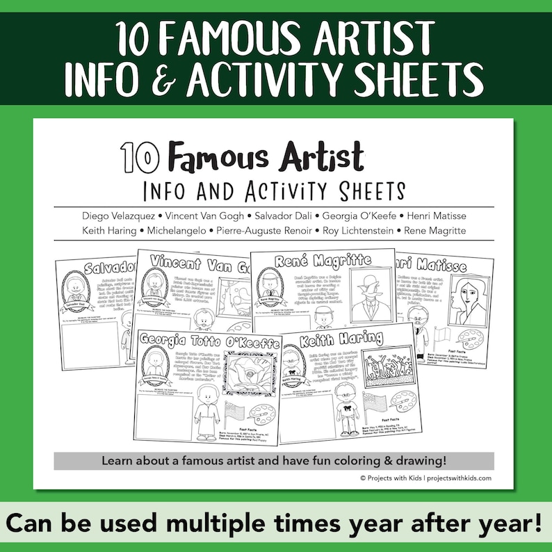10 Famous Artists Info & Activity Sheets - Etsy