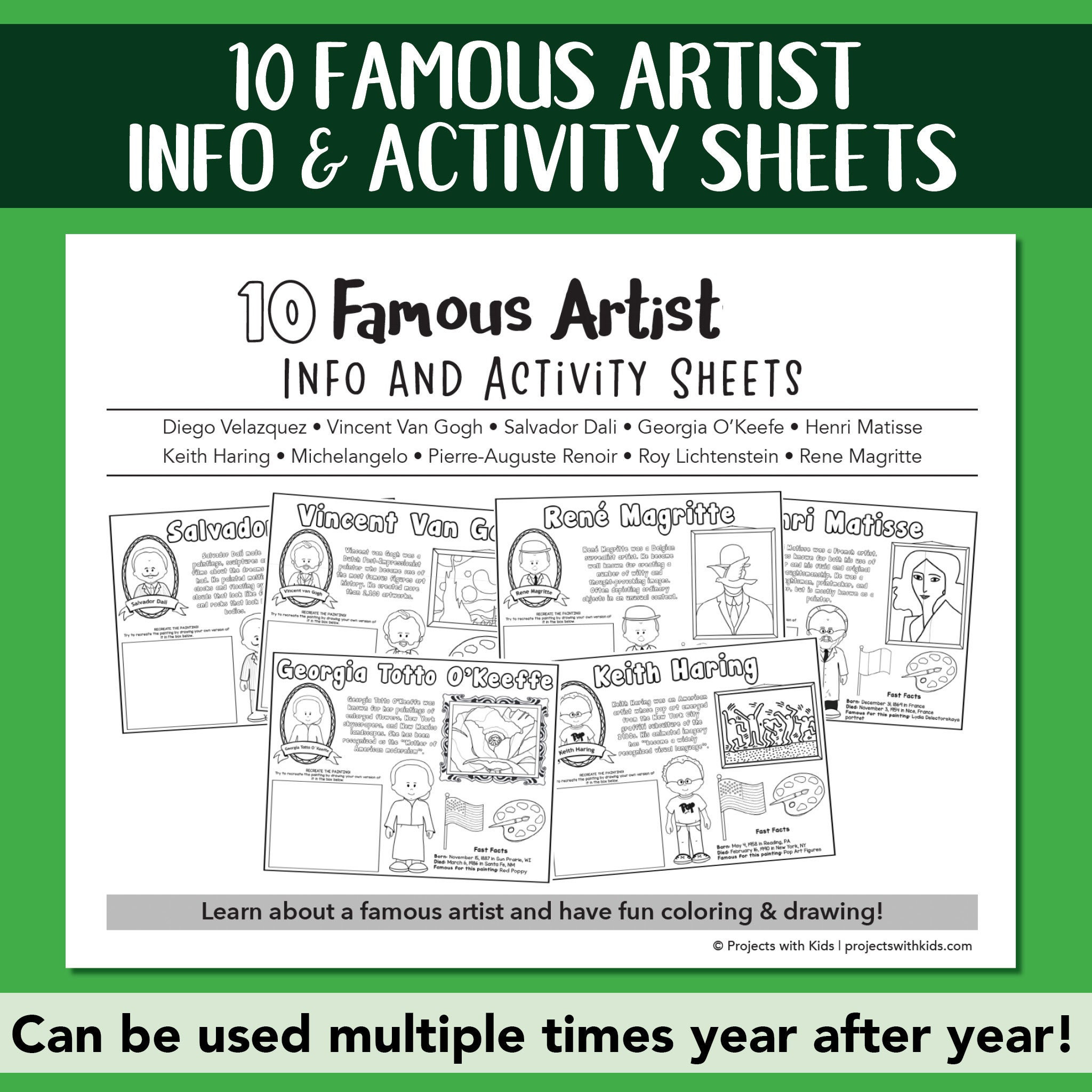 10 Famous Artists Info & Activity Sheets - Etsy
