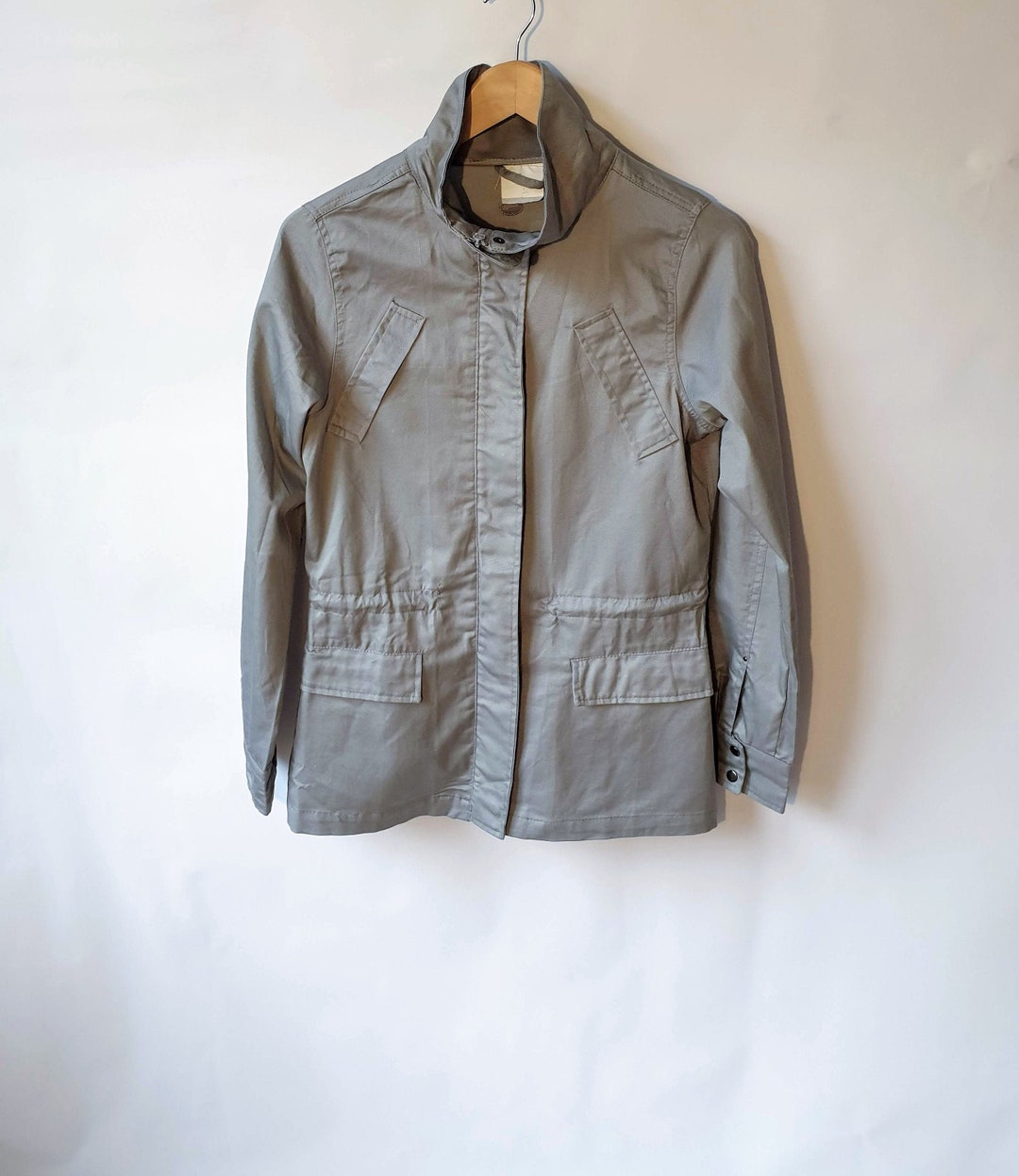 Gray Cotton Vintage Womens Jacket Casual Outerwear Light Collared Cargo ...