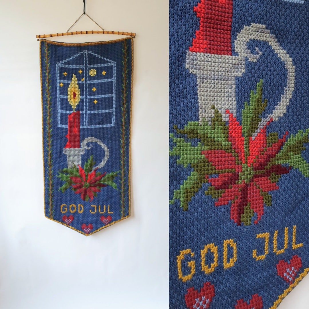 XL God Jul Wall Hanging Embroidery Cross Stitch Vintage Scandinavian ...