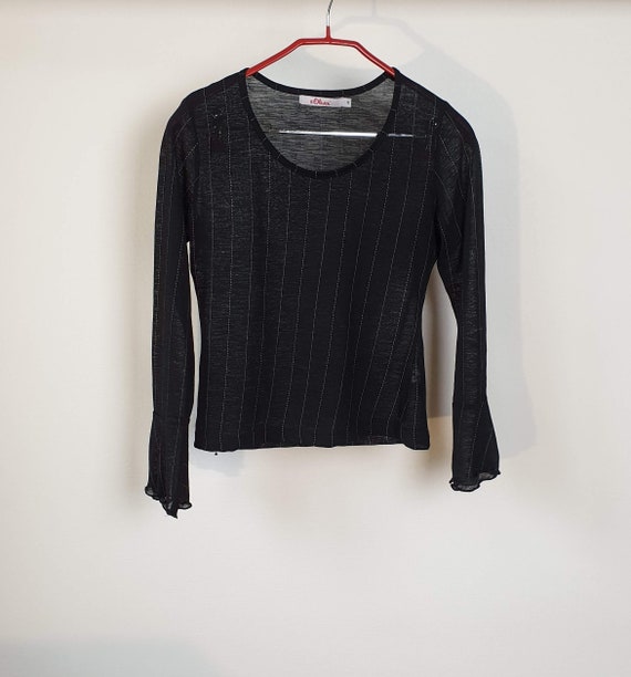 Vintage Black Striped Blouse See-through Ruffle 3/4 S… - Gem