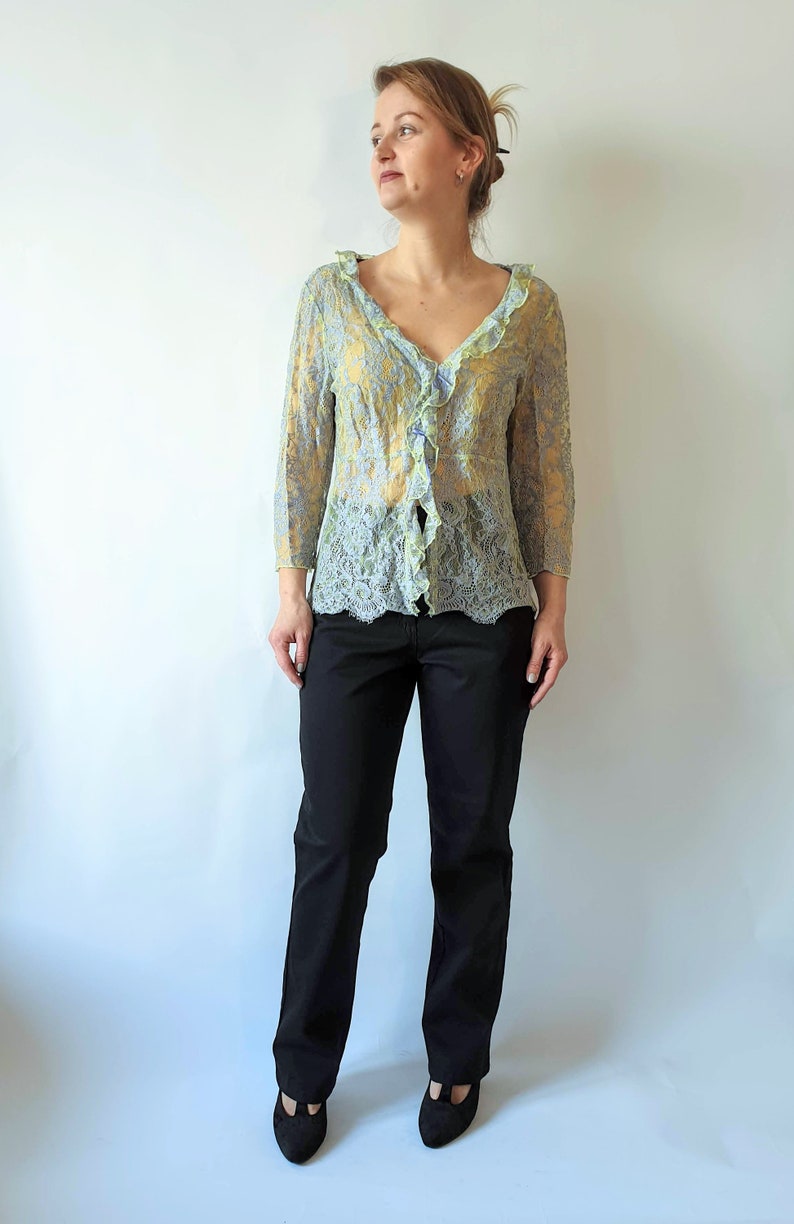Vintage 90s Womens Purple and Lemon Color Lace Blouse Romantic Blouse ...