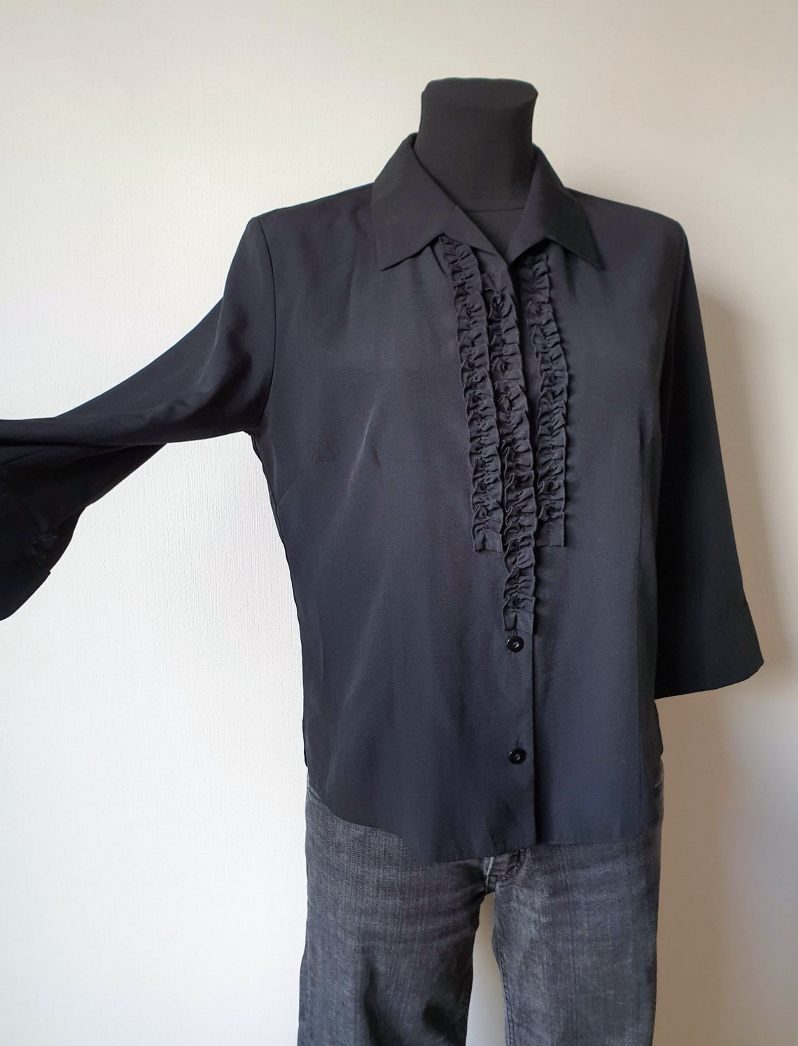 Vintage Black Ruffle Blouse Victorian Bohemian Collared Shirt With ...