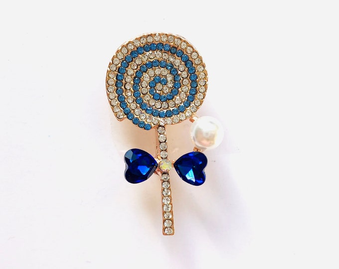 Rose Gold-tone Blue Rhinestone Swirl Candy Lollipop and Faux Pearl ...