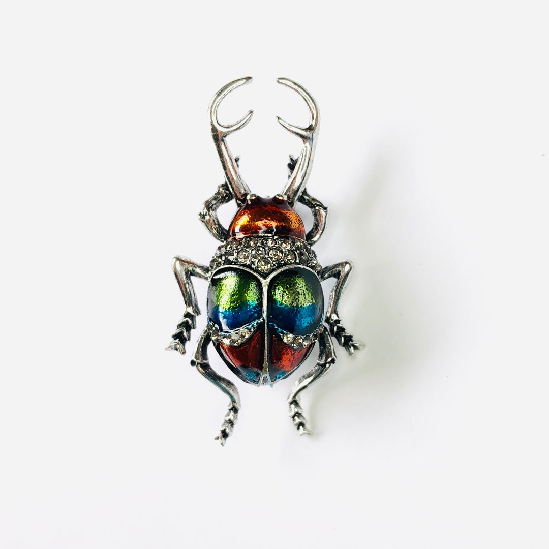 Silver-tone Stag Beetle With Colorful Enamel Rhinestone Insects Brooch ...