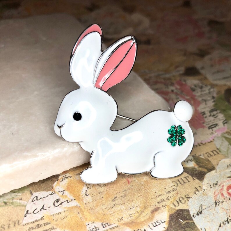 Lucky Enamel White Bunny Rabbit With Rhinestone Green Four | Etsy