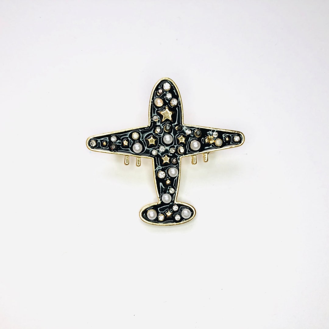 Gold-tone Star and Faux Pearl Black Enamel Rhinestone Crystal Airplane ...