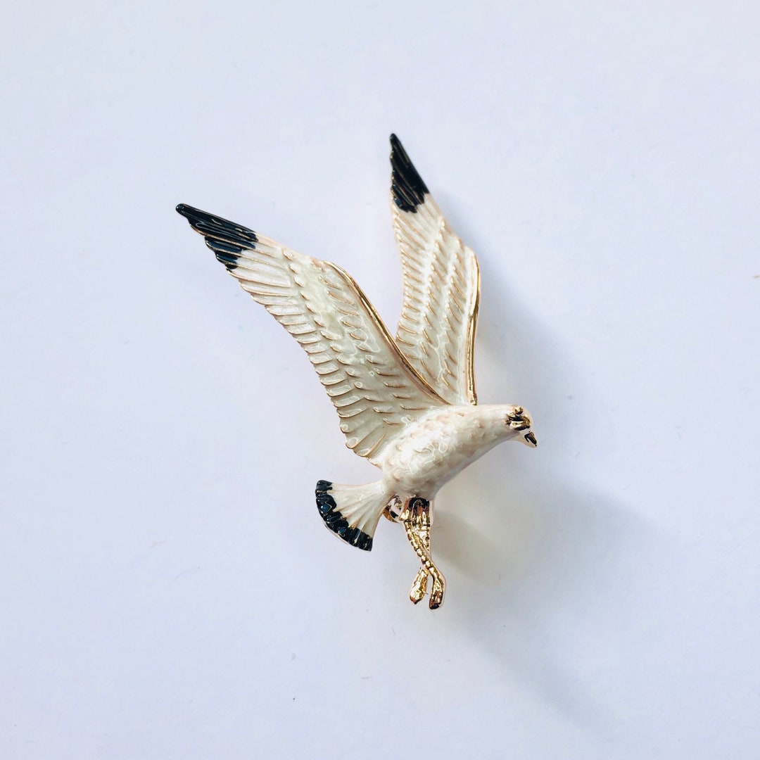 Gold-tone White Enamel Seagull Ocean Bird Brooch Pin Seagull Lover Gift ...