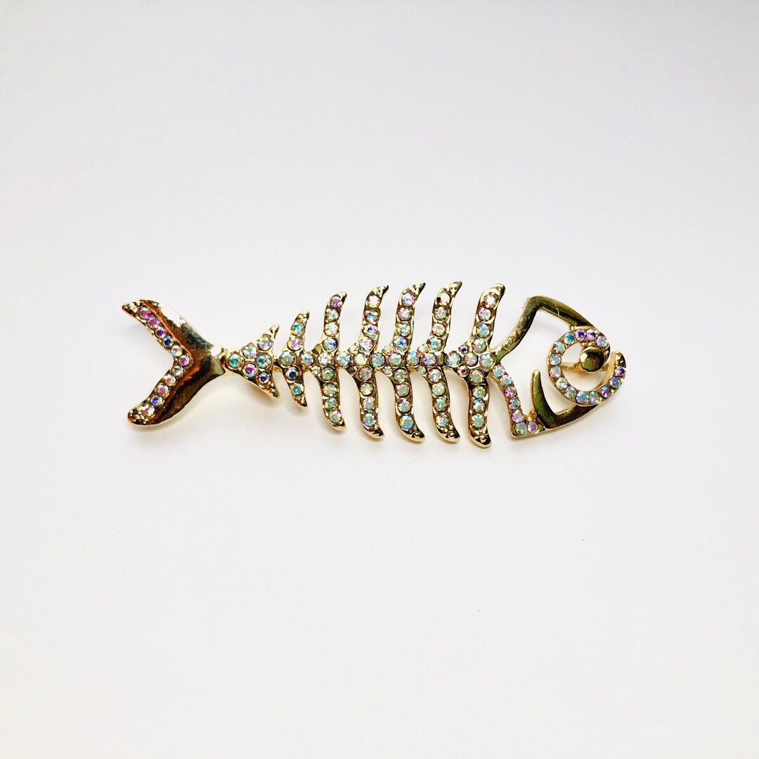 Large Unique Gold-tone Rainbow Rhinestone Fish Bone Fish Skeleton ...