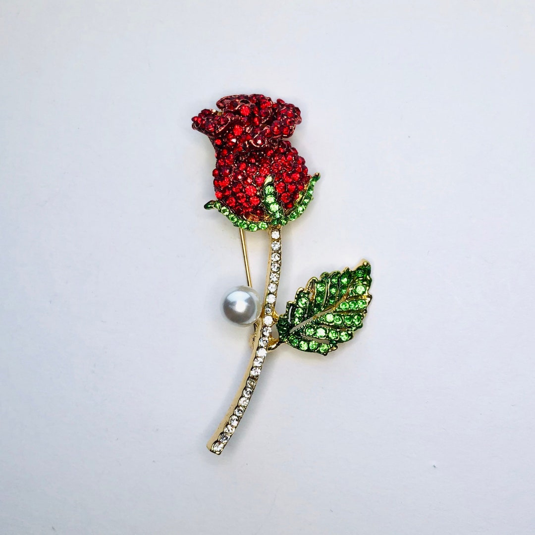Large Red Rhinestone Rose Faux Pearl Flower Floral Rhinestone Brooch ...