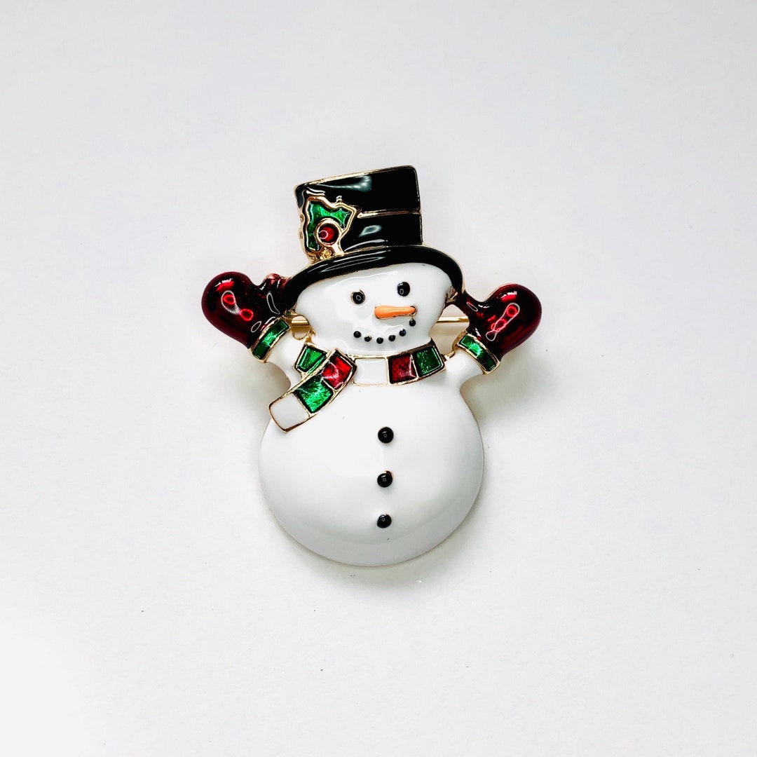 Gold-tone Adorable Happy Enamel Snowman With Red Gloves and Top Hat ...