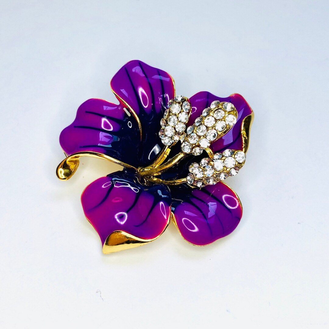 Purple Hawaiian Hibiscus Rhinestone Flower Floral Brooch Lapel Enamel ...