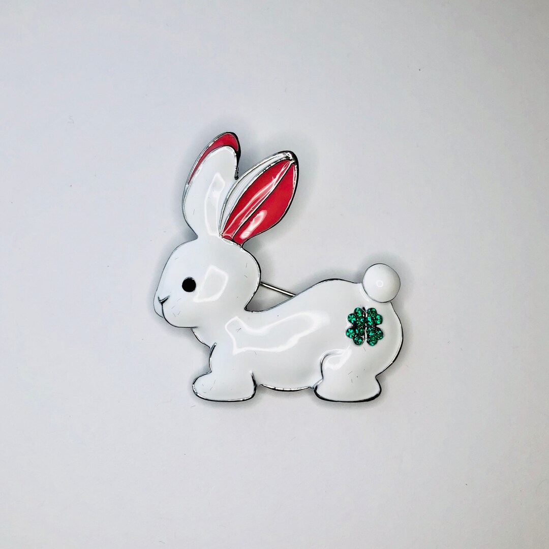Lucky Enamel White Bunny Rabbit With Rhinestone Green Four Leaf Clover ...
