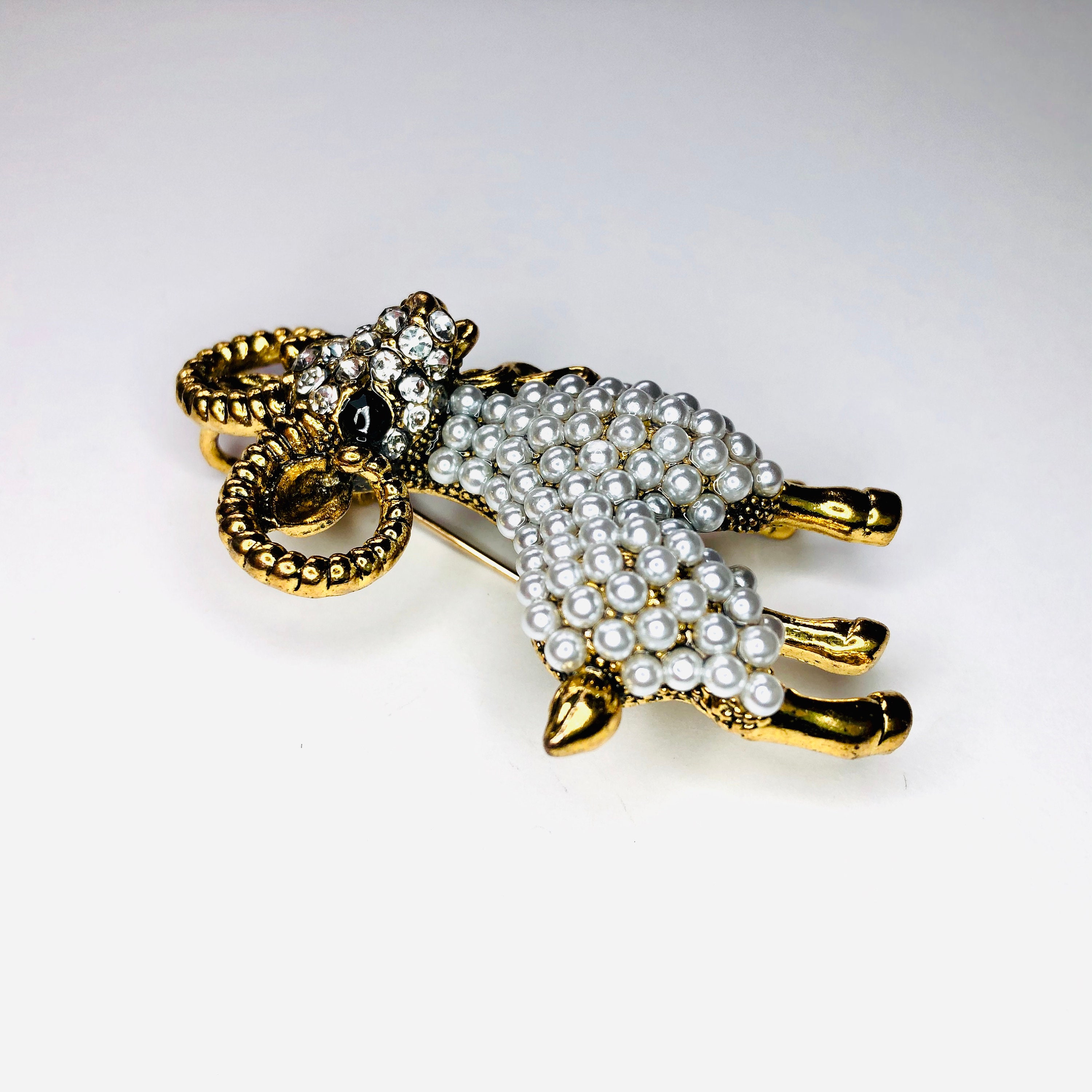 Unique Gold Faux Pearls & Rhinestone Goat Ram Animal Brooch Pendant Pin ...
