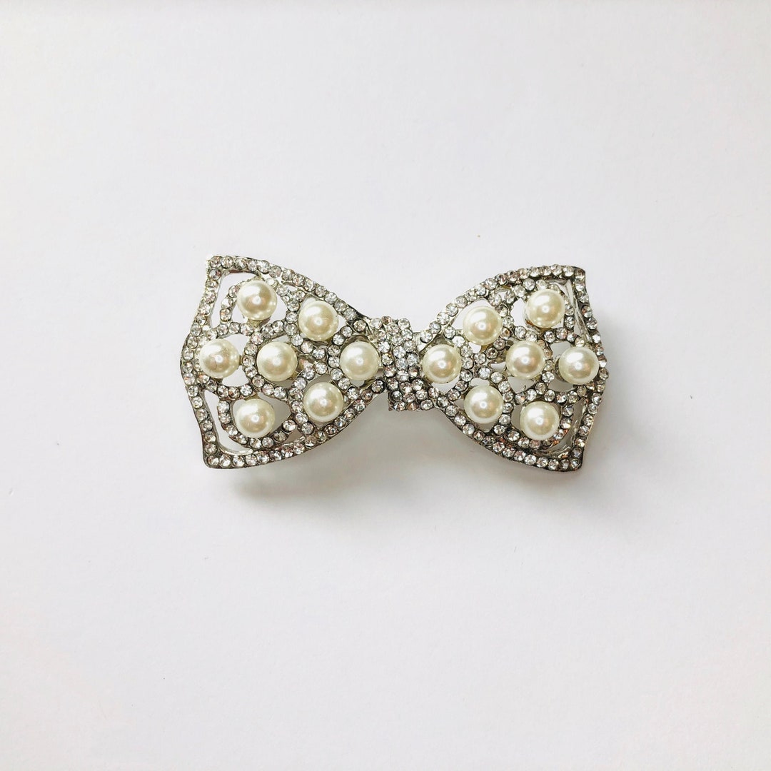 Brooch Pin Silver-tone Faux Pearl and Rhinestone Bow Bowknot Knot Lapel ...
