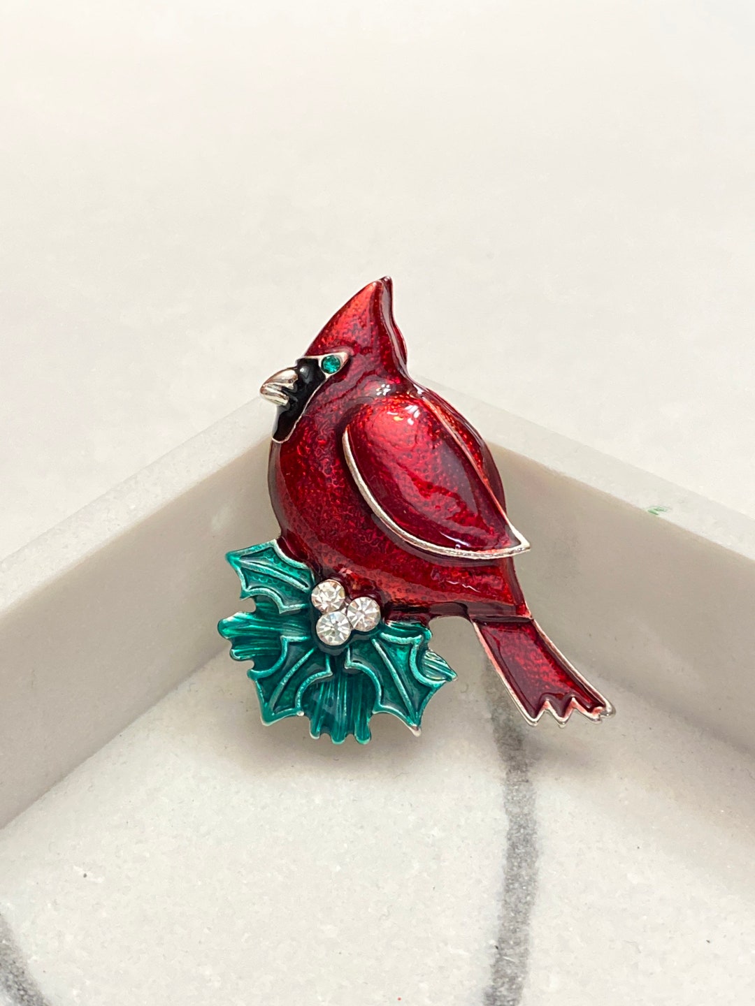 Winter Red Cardinal Rhinestone Bird Brooch Enamel Pin Christmas Holiday ...