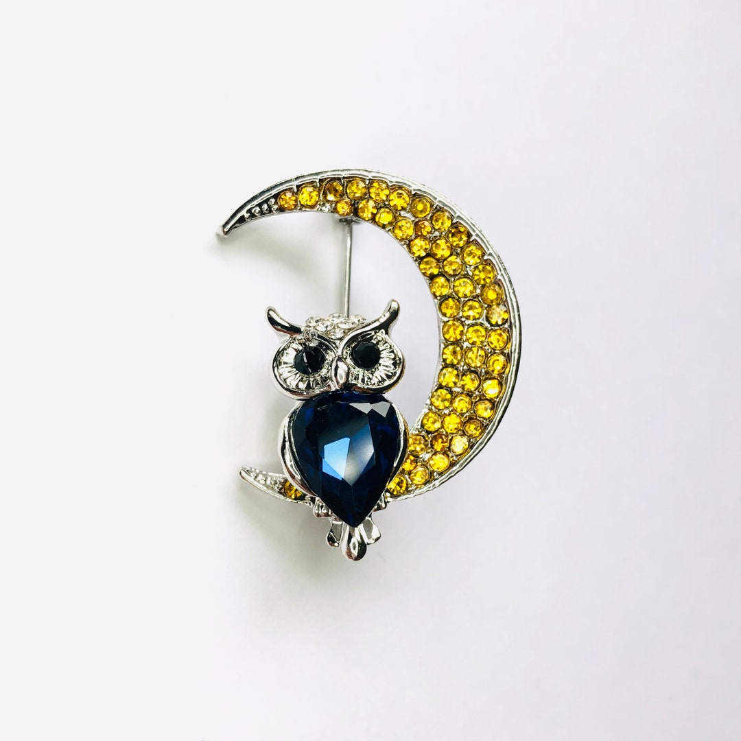 Silver-tone Blue Crystal Owl Sitting on Yellow Half Rhinestone Moon ...