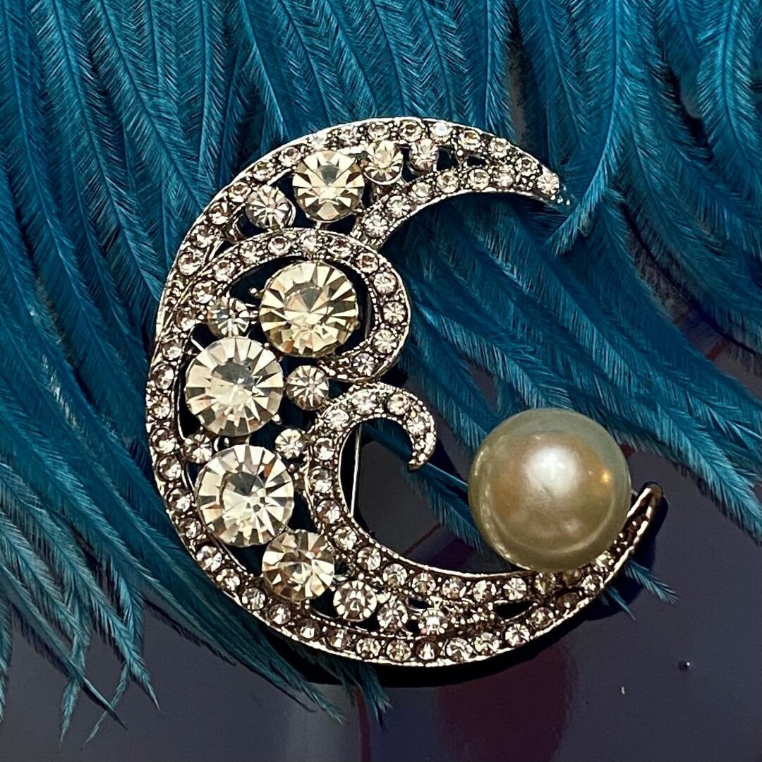 Shimmering Moon & Faux Pearl Rhinestone Brooch Lapel Pin Jewelry ...