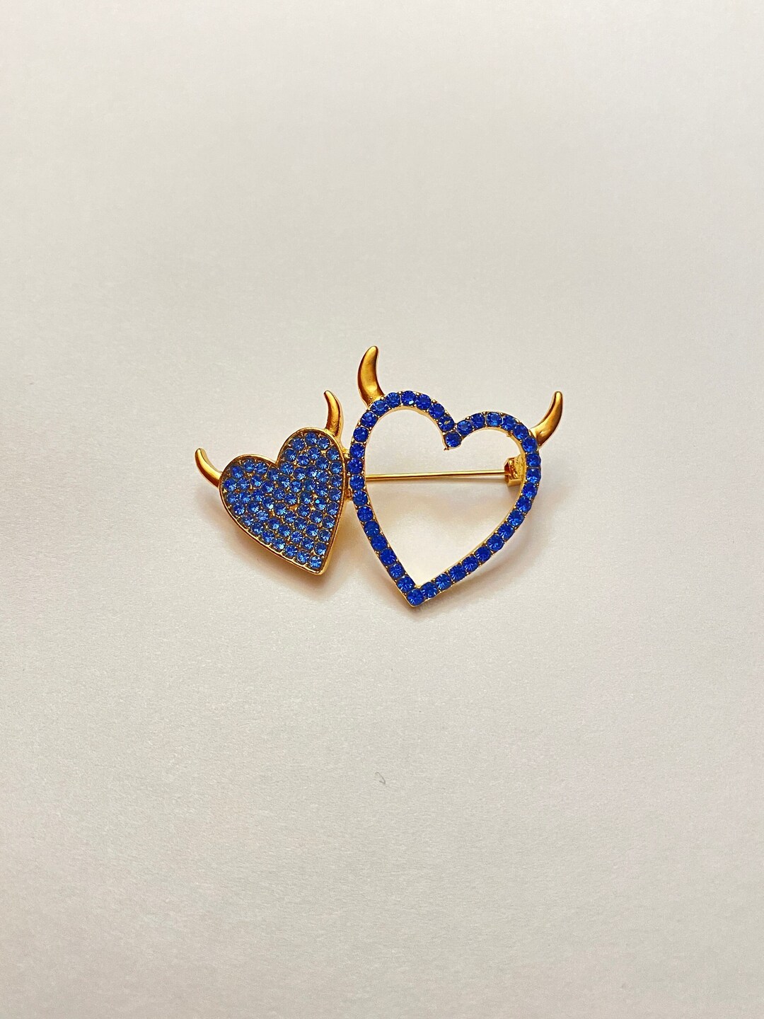 Rhinestone 2 Double Blue Devil Devils Heart Brooch Pin Jewelry ...
