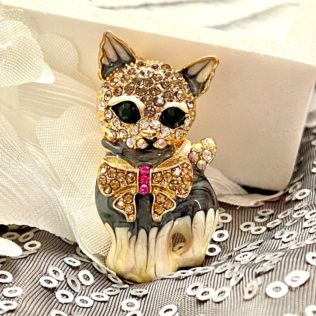 Sweet Kitty Cat Kitten With Bow Rhinestone Brooch Enamel Pin Cat Lover ...