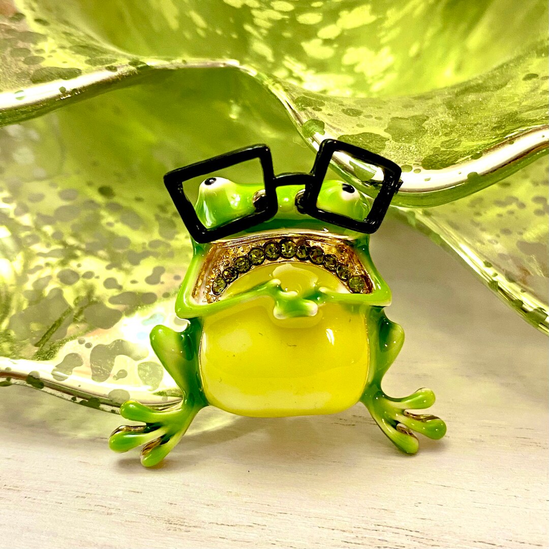 Gold-tone Nervous Green Yellow Enamel Geek Frog With Big Glasses and ...