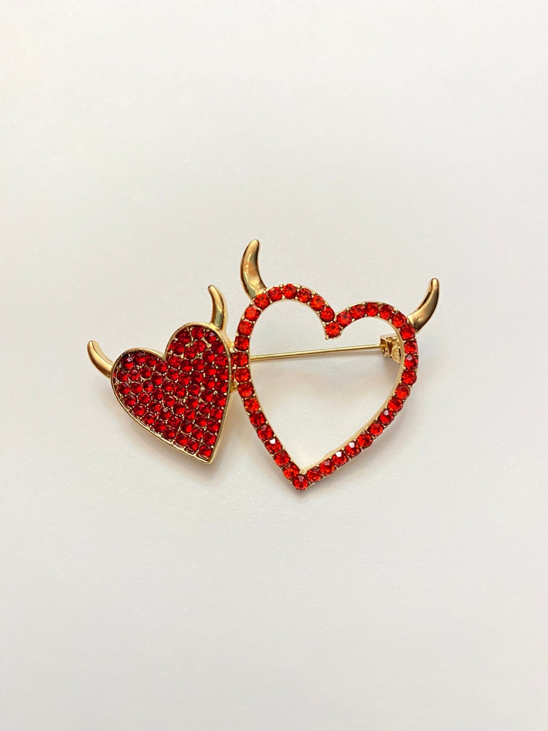 Rhinestone 2 Double RED Devil Devils Heart Brooch Pin Jewelry Valentine ...