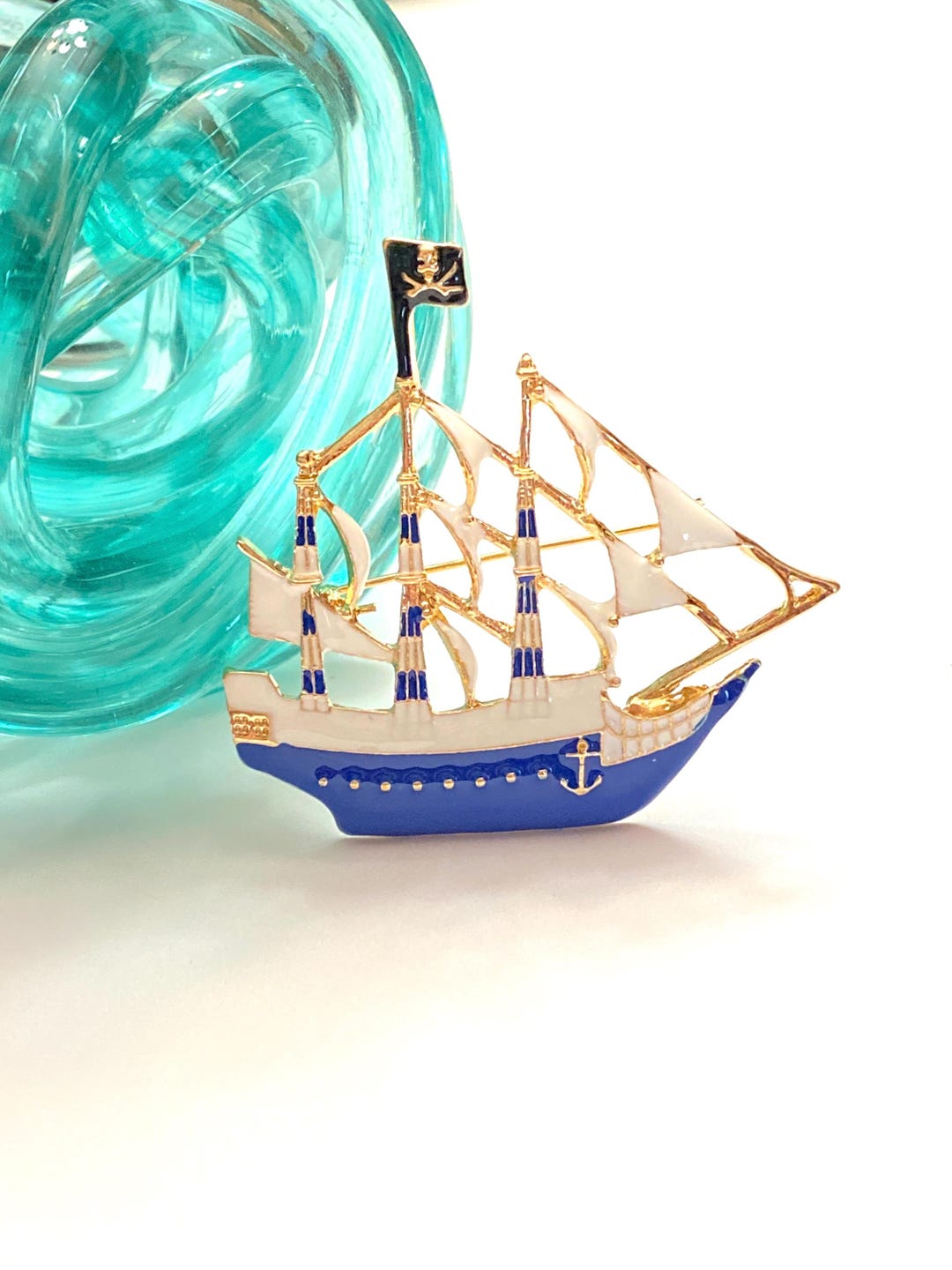 Pirate Ship in Blue and White Enamel Ship Brooch Lapel Pin Jewelry ...