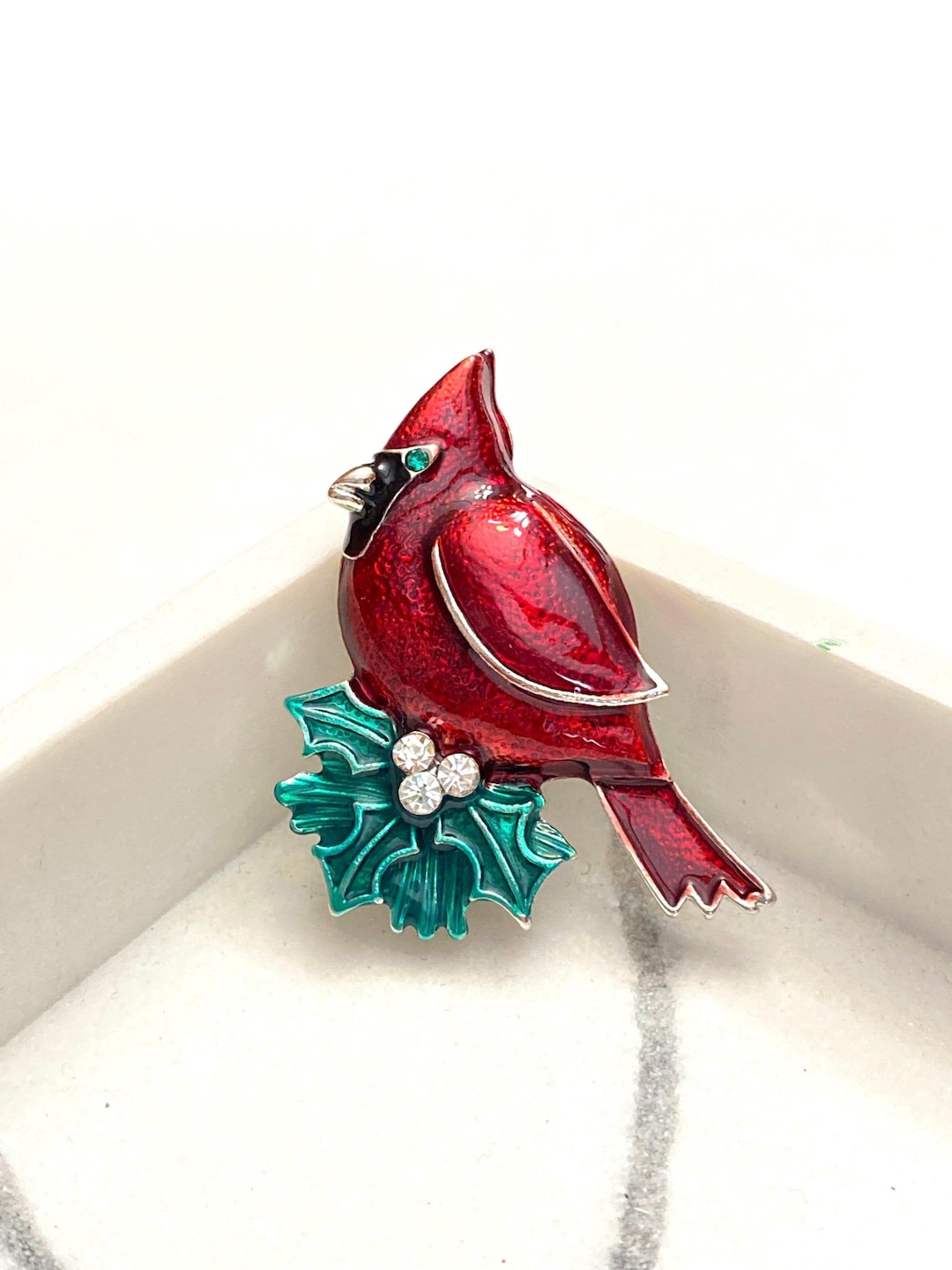 Winter Red Cardinal Rhinestone Bird Brooch Enamel Pin Christmas Holiday ...